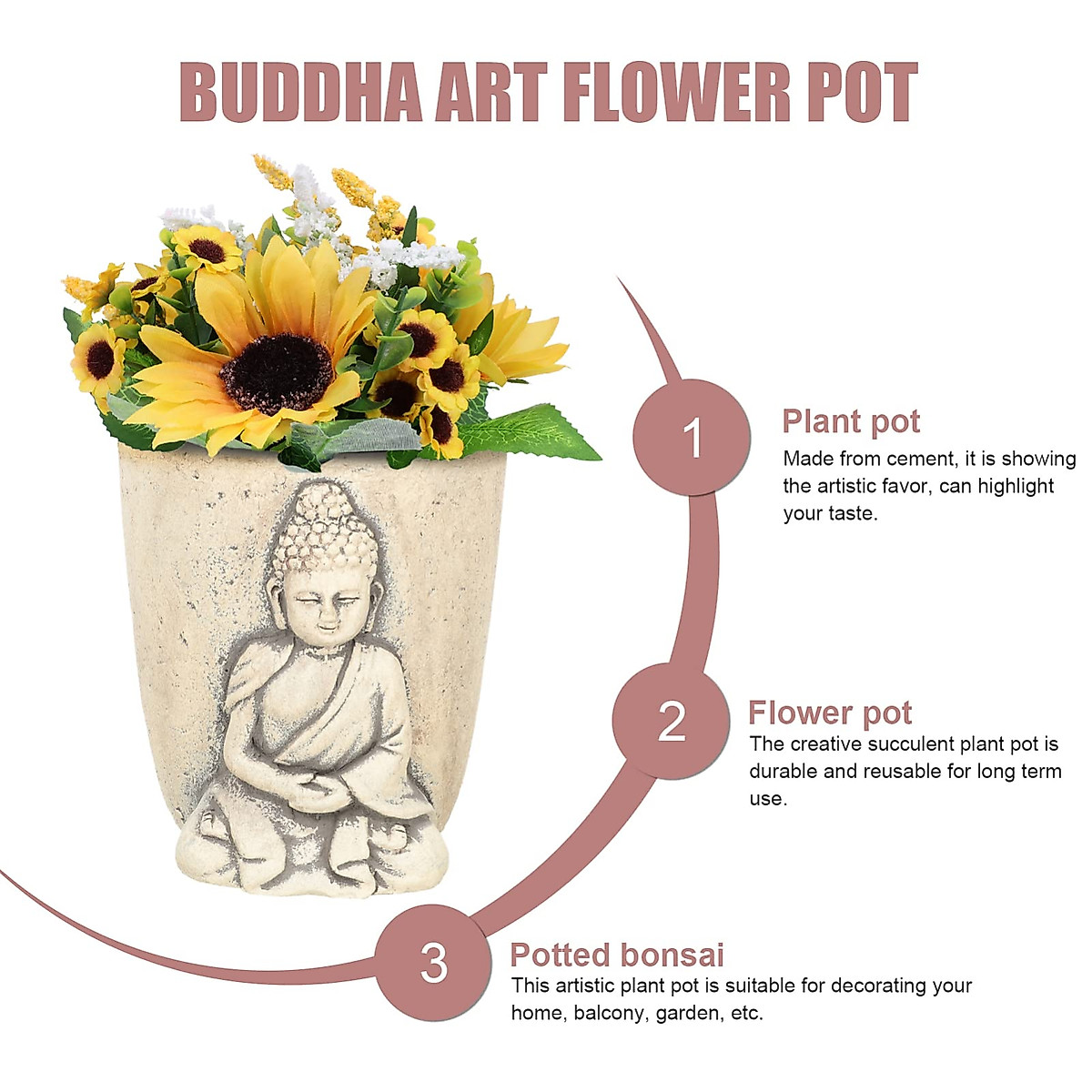 Zerodeko Buddha Head Planter Pot Cement Face Planter Zen Succulent Plant Pot Decorative Artificial Flower Vase Bonsai Holder for Indoor Outdoor Home Decoration Khaki