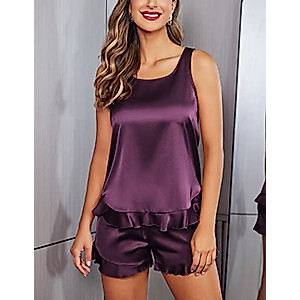 Ekouaer Silk Pajamas for Women Cute Pj Ruffled Sexy Nightwear Tank and Shorts Sleepwear Set Purple M