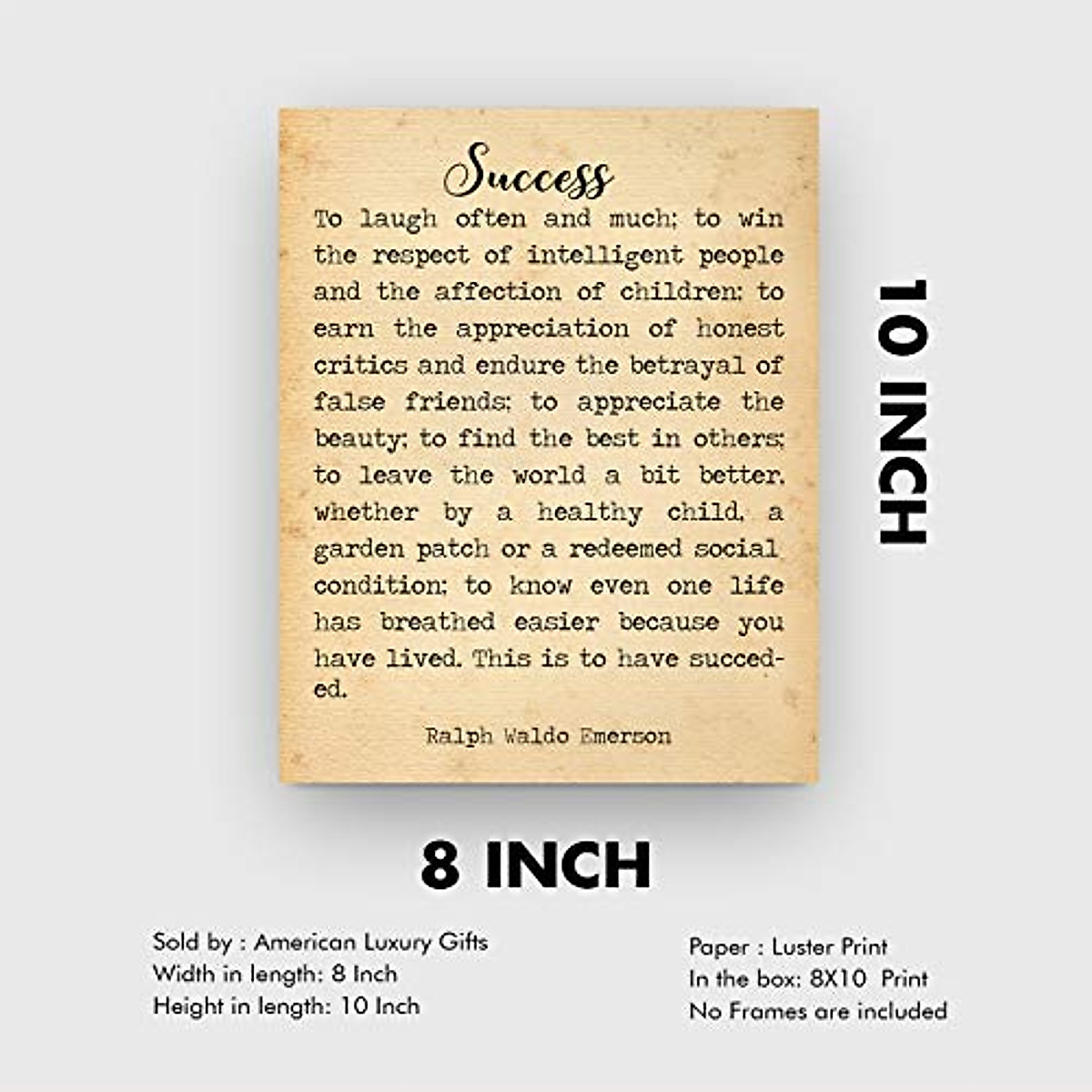 "Success-To Laugh Often and Much"-Ralph Waldo Emerson Poem Page Print- 8 x 10" Poetic Wall Art. Distressed Parchment Print-Ready To Frame. Home-Office-Study-School Decor. Great Gift for Poetry Fans!