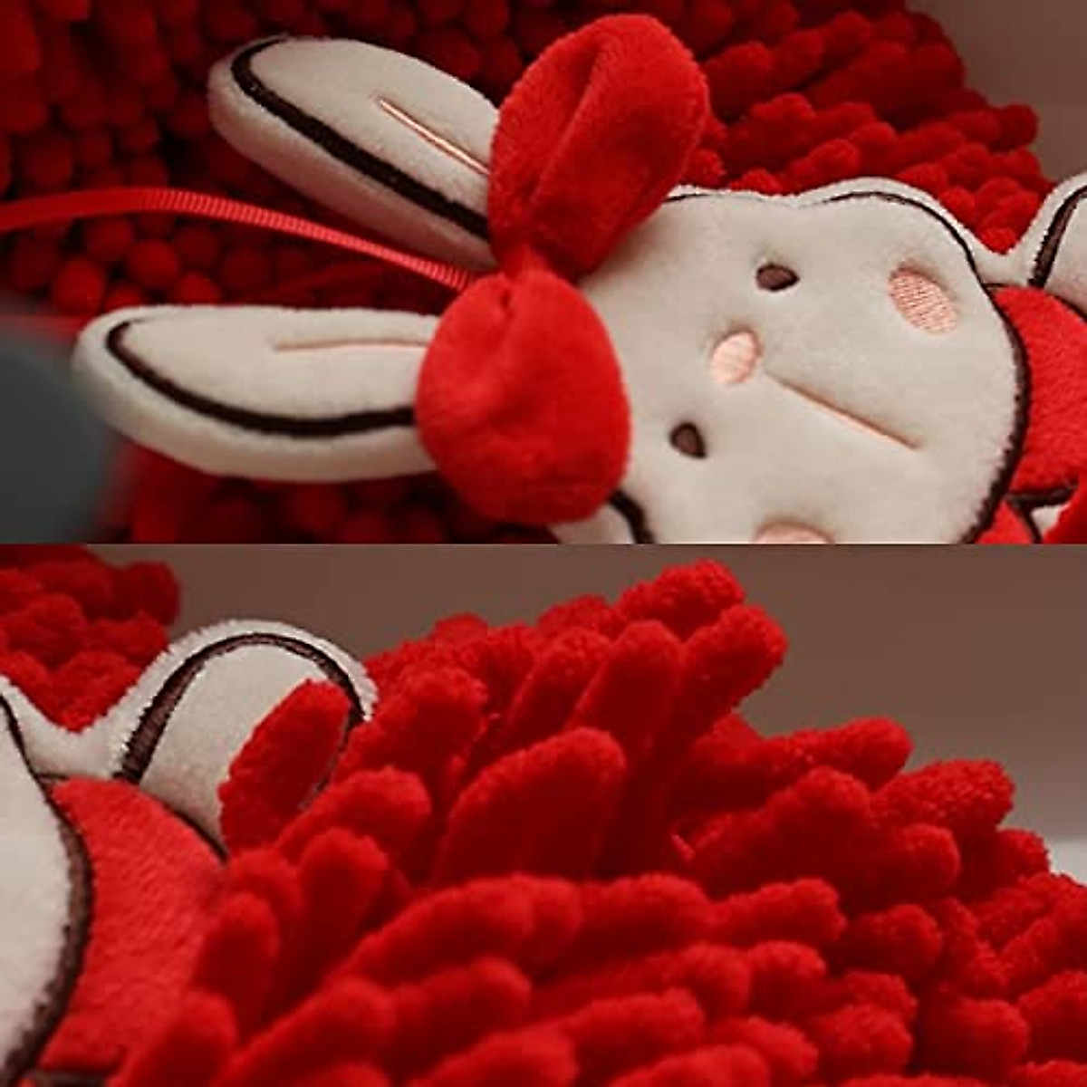 NUFR 2 Pack Cute Rabbit Red Chenille Hanging Hand Towel with Loop for Kitchen Bathroom, Absorbent Small Hand Drying Cloth