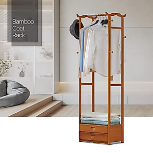 MoNiBloom Bamboo Garment Rack with Drawers and Hooks, Clothes Racks Storage Shelving Organizer Unit for Bedroom Laundry Room Guest Room, Brown