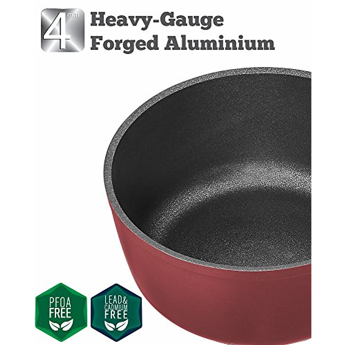 Saflon Titanium Nonstick 3-Quart Sauce Pan with Tempered Glass Lid, 4mm Forged Aluminum with PFOA Free Coating from England (Red)