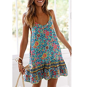 Summer Dresses for Women, Floral Print Sundress Straps Beach Dress Short Boho Dresses with Pocket Green M