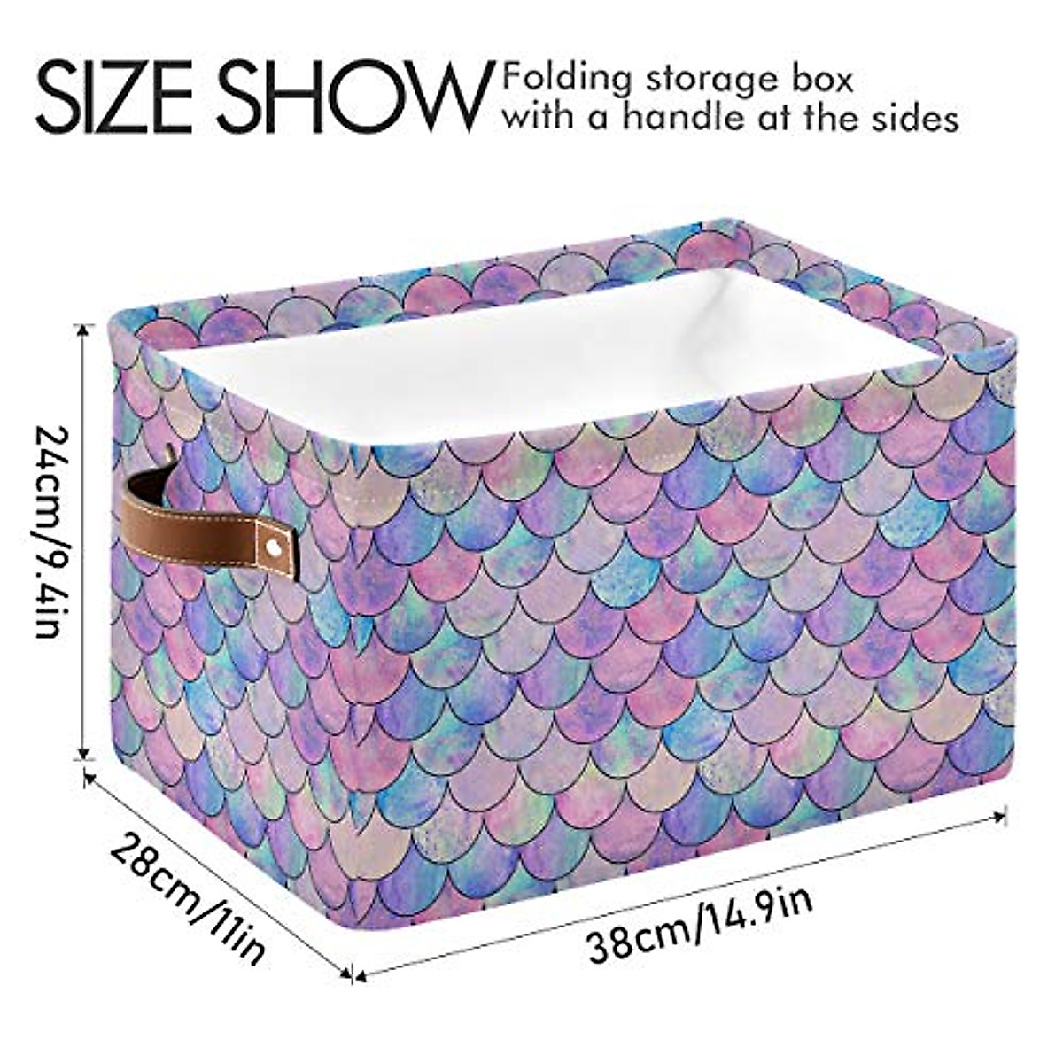 senya Large Foldable Storage Basket, Mermaid Fish Scale Wave Fabric Storage Bin Organizer Bag with Handles 15 x 11 x 9.5 inch