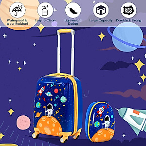 Goplus Kids Luggage Set, 12" & 18" Kids Carry On Luggage Set, Multi-directional Wheels Suitcase, Large Capacity Rolling Trolley Suitcase, Gift for Boys and Girls Toddlers Children Travel (Universe)