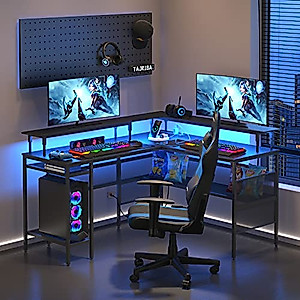 WASAGUN 55" Gaming Desk L Shaped with Power Outlet and LED Lights,Corner Computer Desk with Monitor Stand Storage Shelves for Home Office Gamer Desk