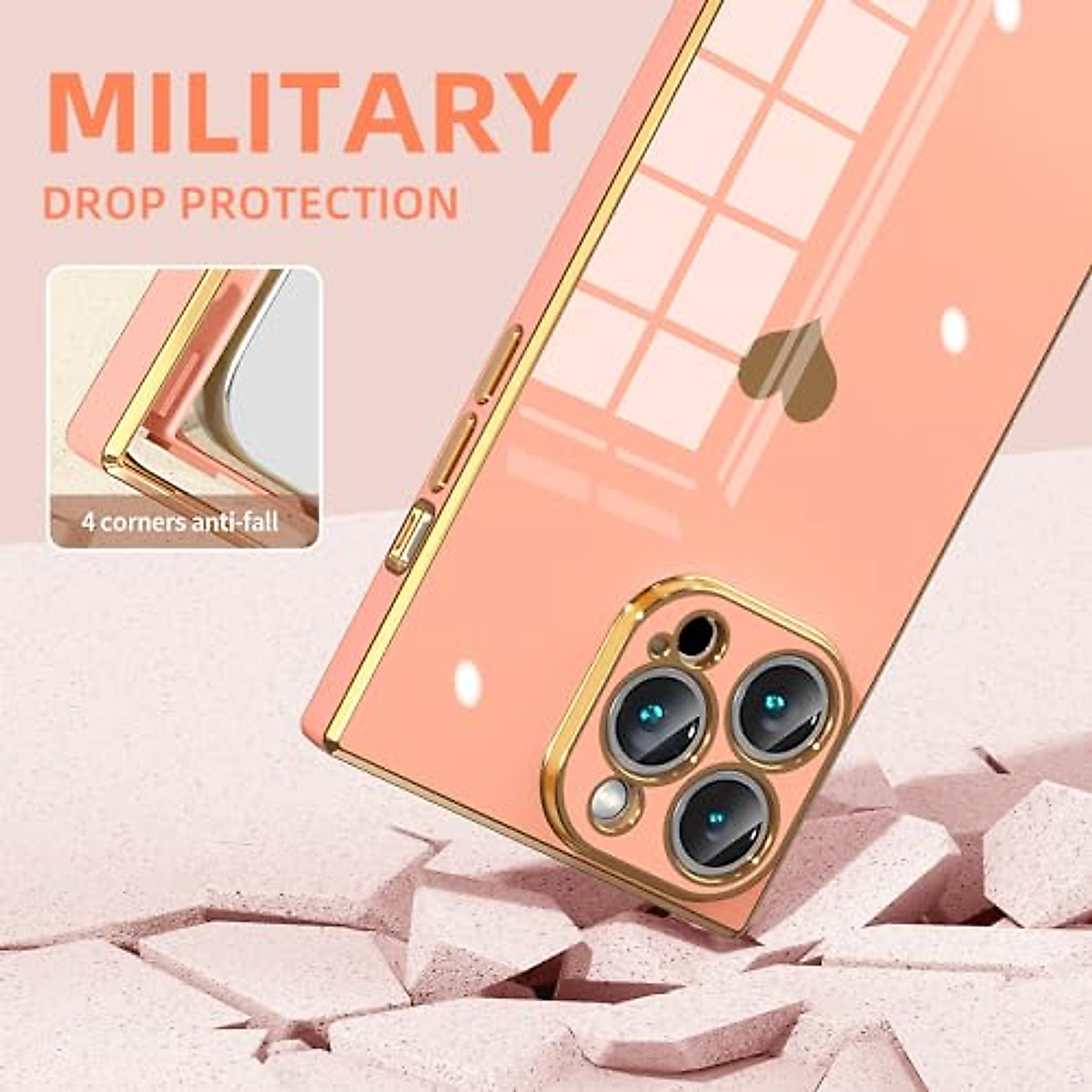 Tzomsze Square iPhone 13 Pro Max [6.7 inches] Case, Cute Full Lens Protection & Electroplate Reinforced Corners Shockproof Edge Bumper Case - Candy Pink