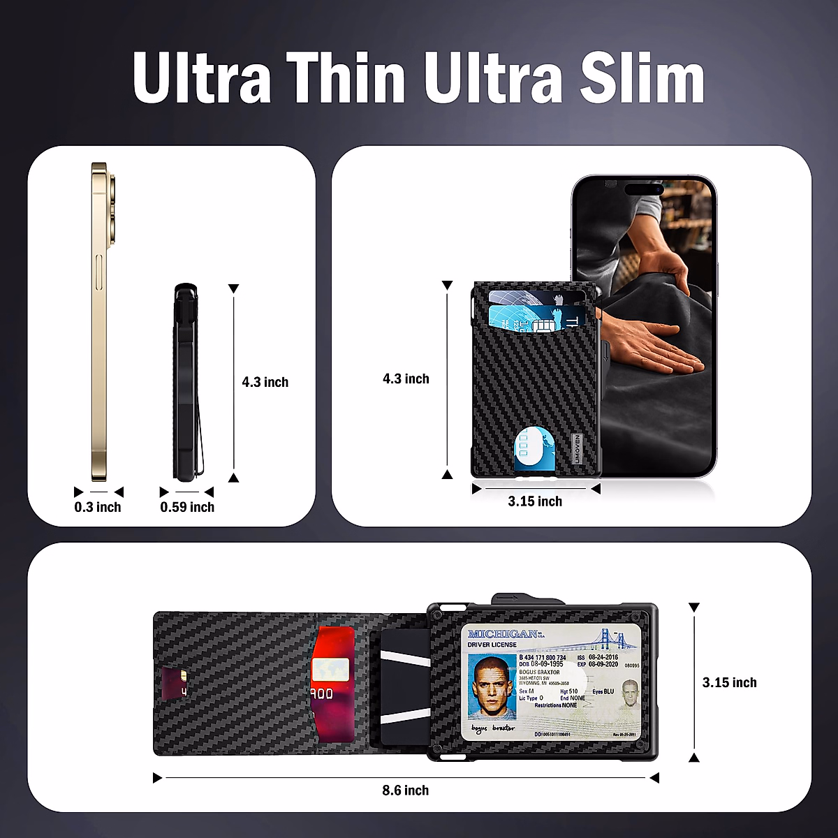 umoven Wallet for Men - Slim Leather RFID Blocking Bifold Minimalist Wallet with Metal Pop-Up Card Holder, Money Clip, Credit Card Slots - Men's Wallet, Carbon Fiber