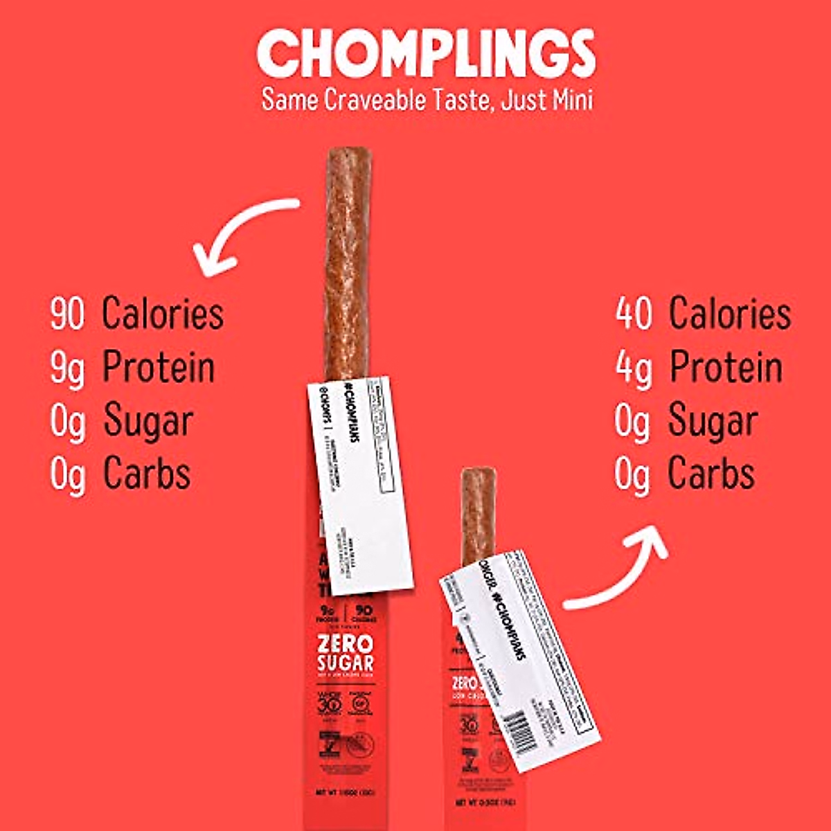 CHOMPS Snack Size Grass Fed Beef Jerky Meat Snack Sticks, Keto, Paleo, Whole30 Approved, Sugar Free, Low Carb, Nitrate Free, Gluten Free, High Protein, Non-GMO, 40 Calories 0.5 Oz, Original Beef 24 Pack