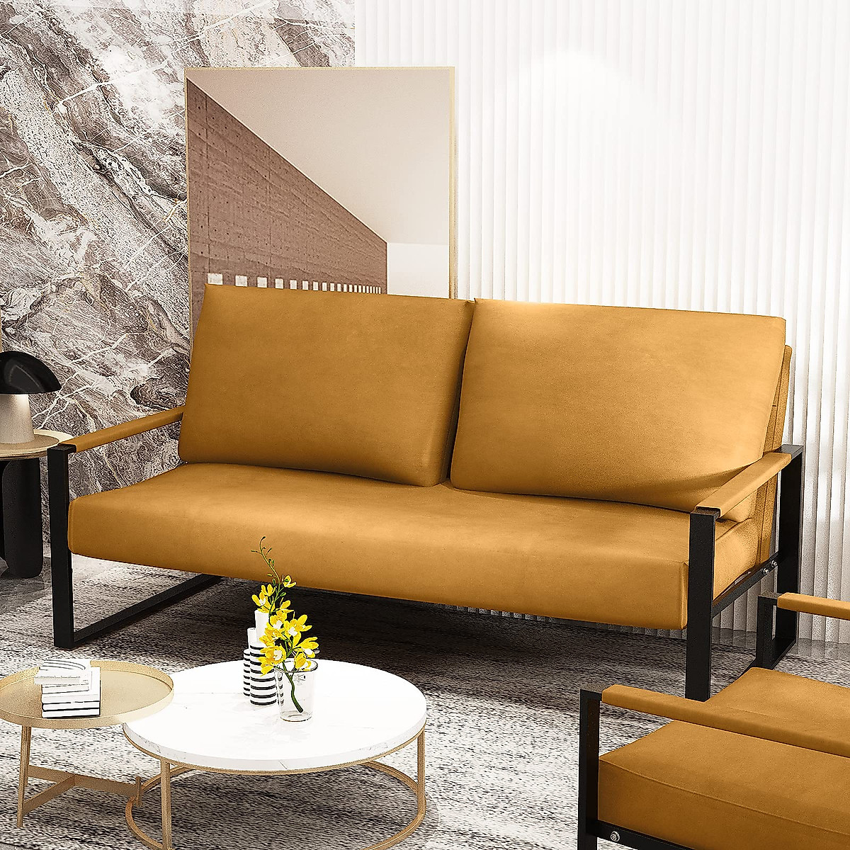 AWQM Faux Leather Couch, Mid-Century Loveseat Sofa,Upholstered Faux Leather Loveseat,Small Couch for Small Spaces,Office,Living Room,Camel