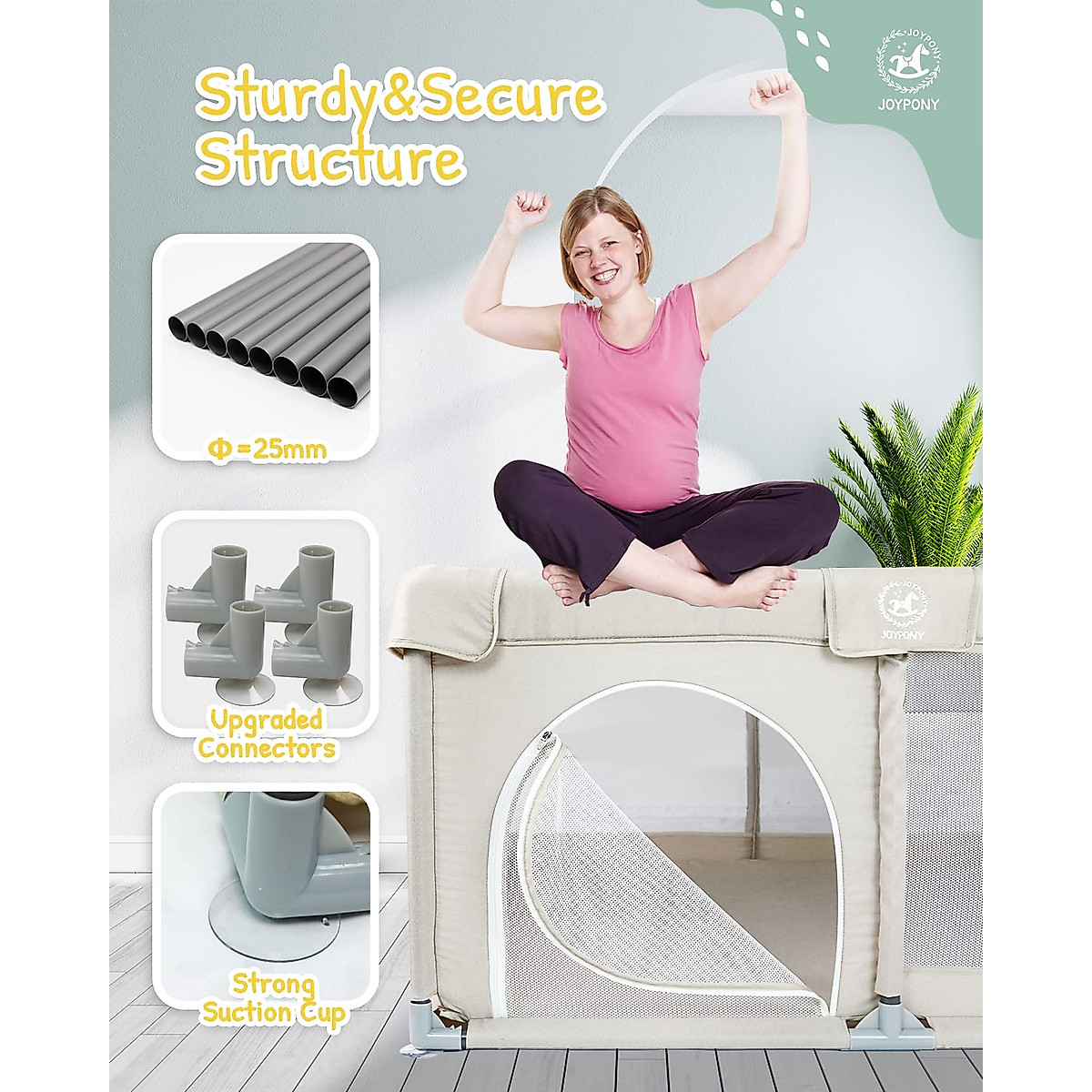 Joypony Baby Playpen, (50x50x27inch) Large Playpen for Babies and Toddlers, Sturdy Safety Play Yard for Infant, Indoor & Outdoor Play Pen with Gate, Baby Fence with Soft Breathable Mesh, Hand Rings