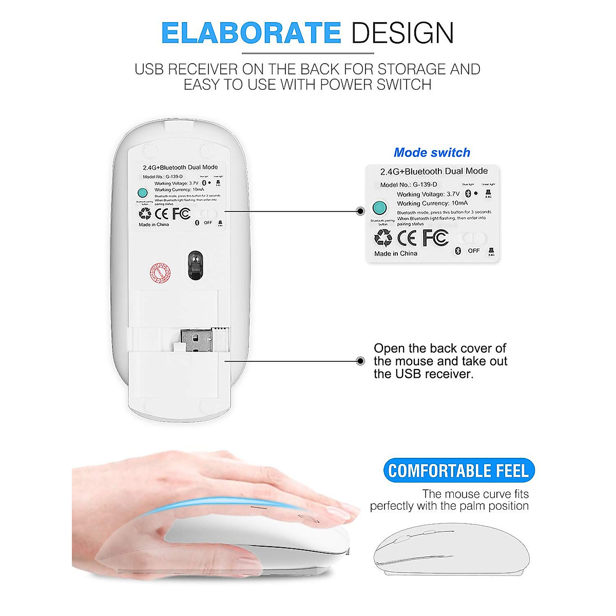 Bluetooth Wireless Mouse, Dual Mode Slim Rechargeable Wireless Mouse Silent Cordless Mouse with Bluetooth 4.0 and 2.4G Wireless, Compatible with Laptop, PC, Windows Mac Android OS Tablet (White)