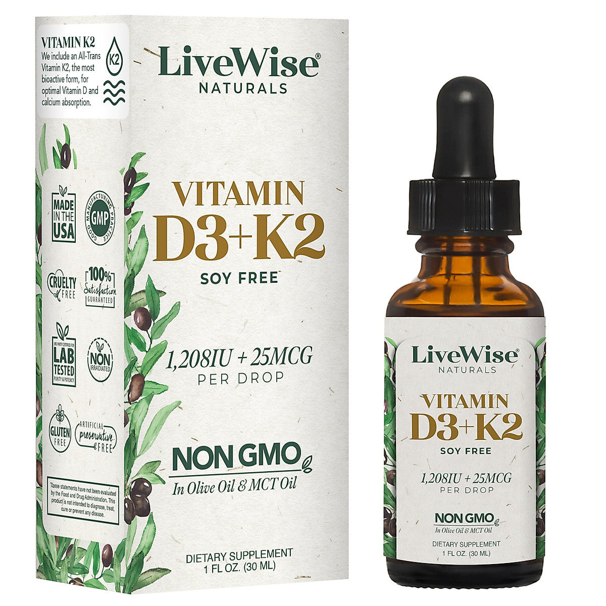 Vitamin D3 with K2 liquid drops, all natural, non-gmo, 1208iu D3 and 25mcg K2 (mk7) per serving, support your bones, immune system and energy levels, with or without peppermint oil