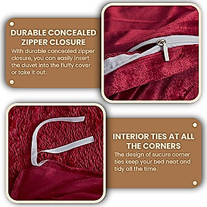 MEGO Luxury Shaggy Faux Fur Duvet Cover Set, Ultra Soft 3 PCS Fluffy Comforter Cover, Fuzzy Bedding Set King Size Quilt Cover(1 Plush Furry Duvet Cover + 2 Pillowcases), Zipper Closure(King, Red)