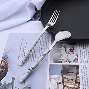 Uniturcky 16-Piece Silverware Set with Dessert Fork, Stainless Steel Flatware Cutlery Set for 4, Mirror Finish Tableware Utensil Set, Marble Texture Handle, Include Knife Fork Spoon(White & Silver)