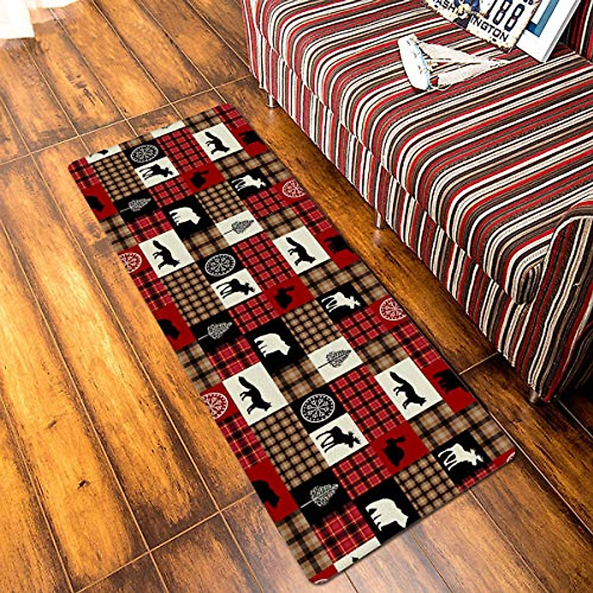 Kitchen Floor Door Mat,Christmas Red and Black Buffalo Check Plaid Bear Elk Wolf Tree Non Slip Kitchen Mats PVC Rugs for Bathroom,Floor Home,Office,Sink,Laundry,18"x47"