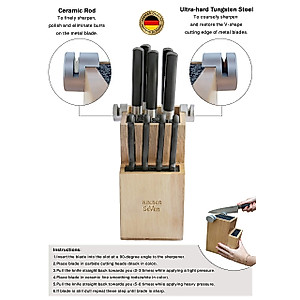 Bamboo Universal Knife Block - Knife Holder with 2 Built-In Knife Sharpeners - 2-Tiered Modern Knife Storage Up to 16 Large and Small Knives Easy Clean Wooden Knife Organizer by Kitchen Seven