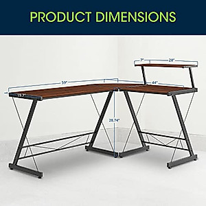 Halter L Shaped Desk, Gaming Computer Corner Desk for Small Spaces with Monitor Shelf, Modern Home Office L Desk, Writing Study, Workstation, Brown, 59 Inches