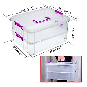 JUXYES 2-Tiers Stack Carry Storage Box With Handle, Transparent Stackable Storage Bin With Handle Lid Latching Storage Container for School & Office Supplies