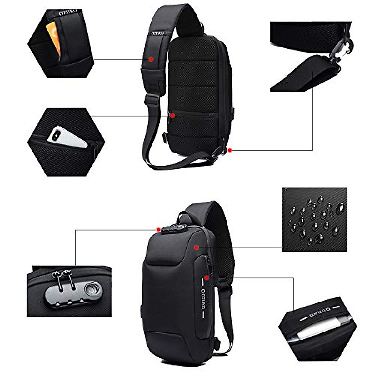 Wisfruit Anti Theft Sling Bag with USB Charging Port Casual Lightweight Chest Crossbody Daypack Waterproof (dark gray)