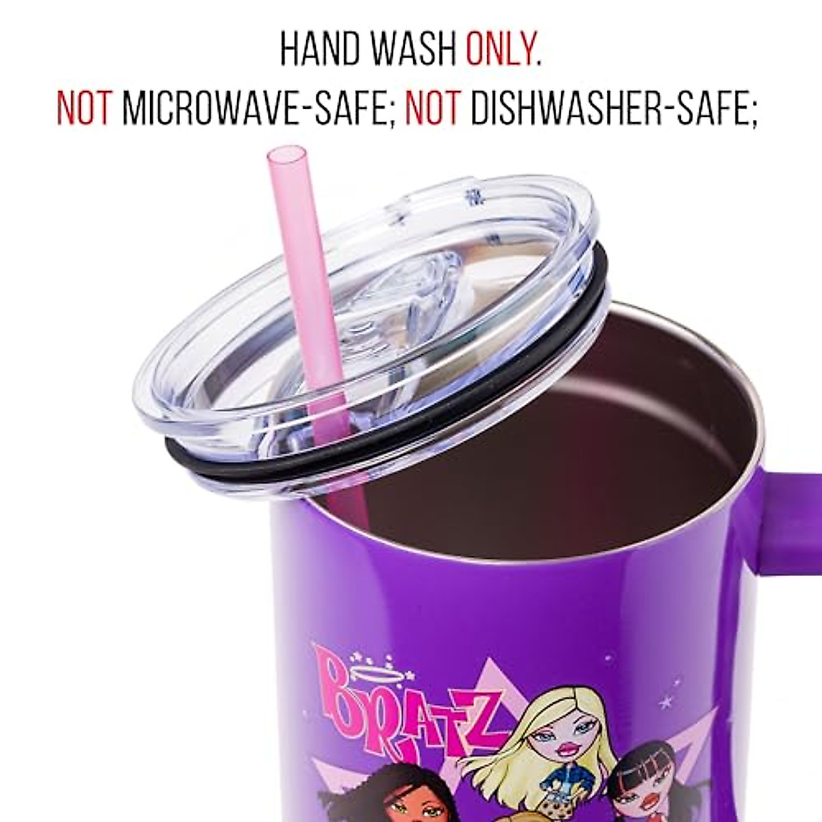 Silver Buffalo Bratz Featuring Cloe, Yasmin, Jade, and Sasha Stainless Steel Tumbler with Handle and Straw, Fits in Standard Cup Holder, 40 Ounces