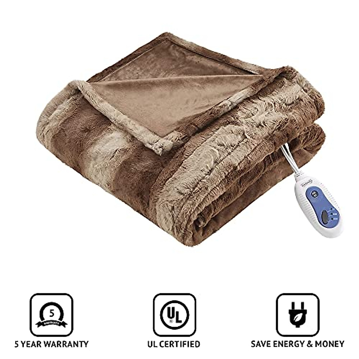 Beautyrest Zuri Reversible Faux Fur to Mink Electric Blanket, Auto Shut Off, Virtually Zero EMF, Multi Heat Setting, UL Certified, Machine Washable, Tan Tip Dye Throw 50x70"