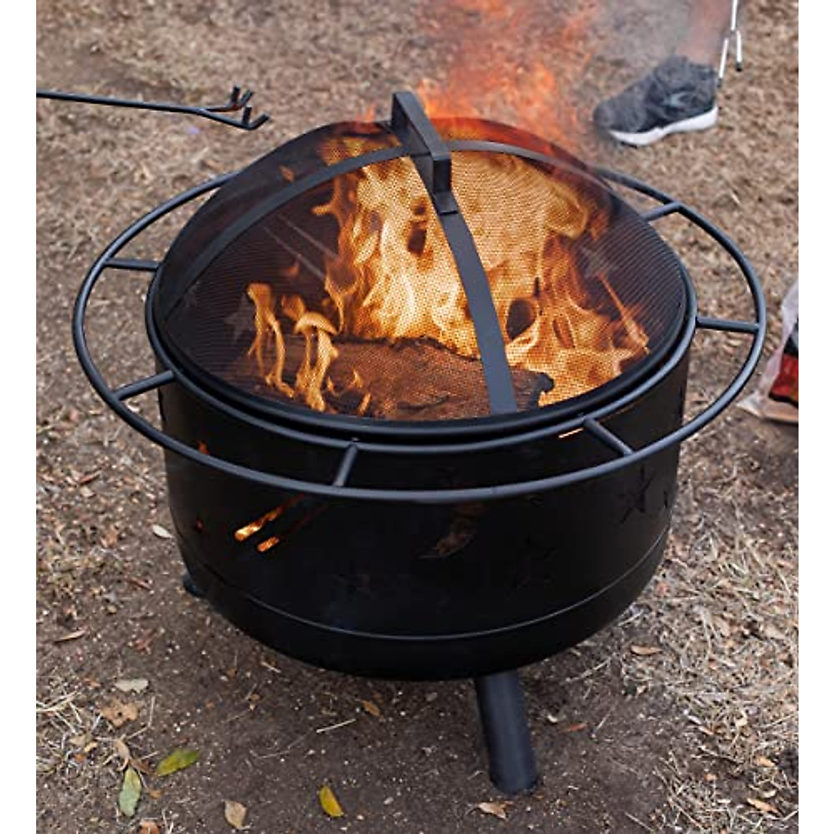 BIRDROCK HOME 30" Round Patio Fire Pit with Cover - Stars & Moon Pattern - 30 - Outdoor Backyard Lawn Garden - Light Weight Metal Fire Ring - 4 Roasting Sticks - Lid Lift Tool and Fire Poker