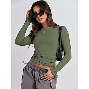 ANRABESS Women’s Long Sleeve Shirts Tight Fitted Going Out Crop Tops Crewneck Basic Tee Y2k Outfits Teens Girls Clothes Army Green S