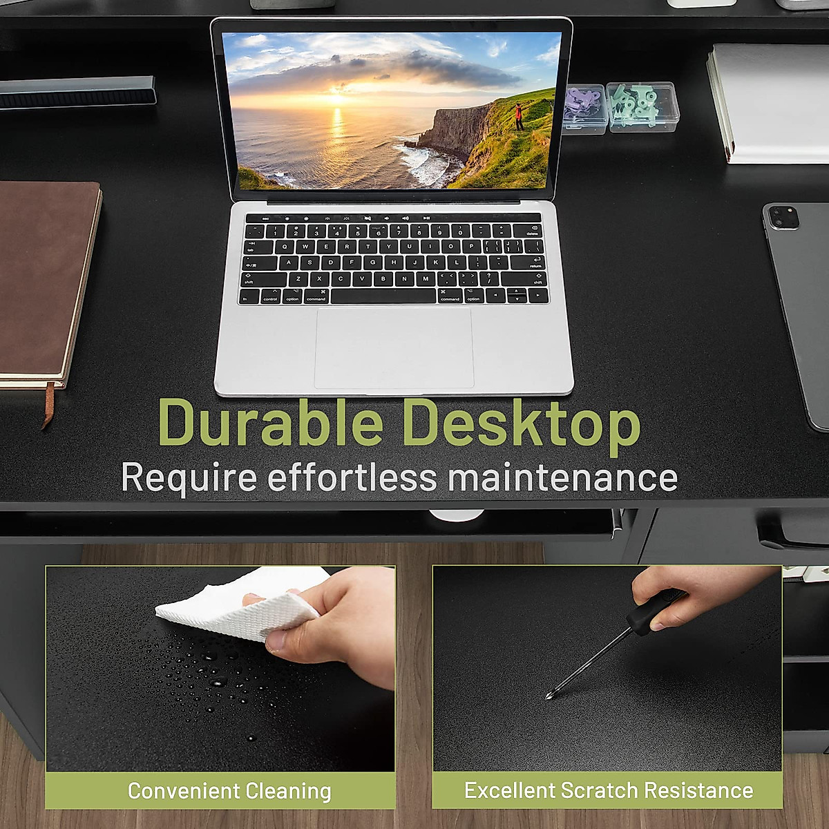 IFANNY Wooden Computer Desk, Black Home Office Desk w/Drawers, Keyboard Tray, Open Shelves & Monitor Stand, Modern Writing Desk, Compact Computer Desk for Small Spaces (Black)