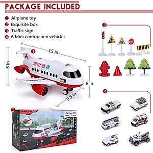 Airplane Toy Kids Plane 15 Inches Large with Light and Sound for 3 4 5 6 7 Year Old Boys Girls Toddlers, Ambulance Aircraft Toy Vehicle Play Set with Traffic Signs and 6 Rescue Trucks