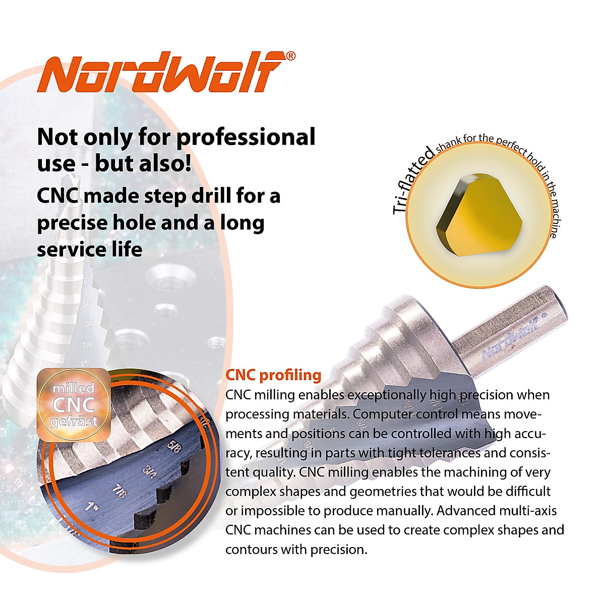 NordWolf M35 Cobalt SAE Step Drill Bit, Spiral Groove Double Flute Multiple Hole Unibit for Stainless Steel & Metal Sheet, 13 Imperial Step Sizes 3/16" to 1-3/8"