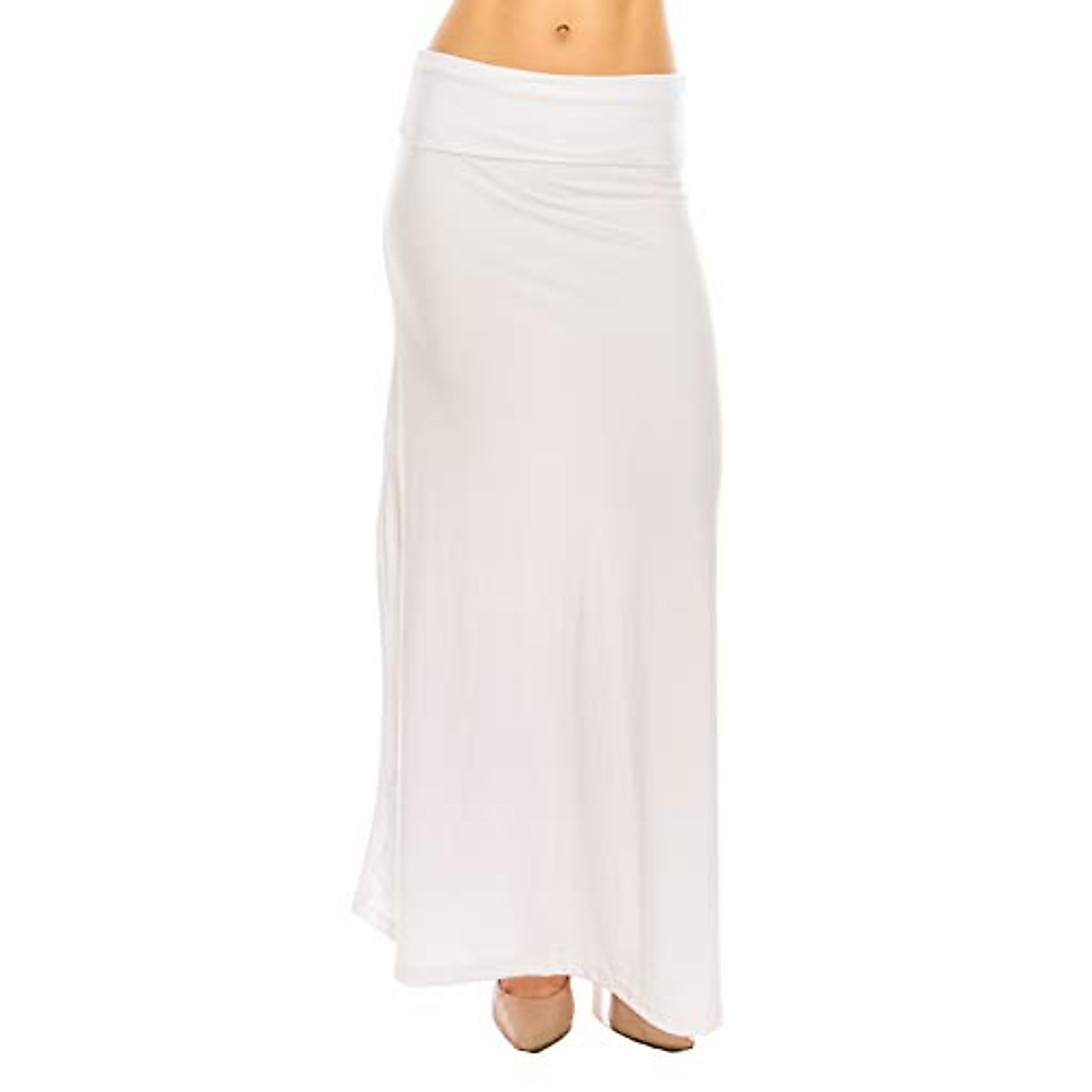 RENESEILLE Women's Long Maxi Skirt – Casual High Waist Fold Over Elastic Waistband Soft Flare Foldable Stretch Lounge Boho SKT810 White OS