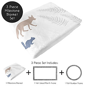 Sweet Jojo Designs Woodland Animals Boy Girl Milestone Blanket Monthly Newborn First Year Growth Mat Baby Shower Memory Keepsake Gift Picture - Blue Grey Tan Forest Bear Deer Fox Bunny Gender Neutral