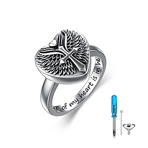 Sterling Silver Angel Wings Cross Urn Heart Cremation Rings for Ashes for Women Religious Memorial Keepsake Ring Holds Loved Ones Ashes Memorial Jewelry Gifts for Women Size 7