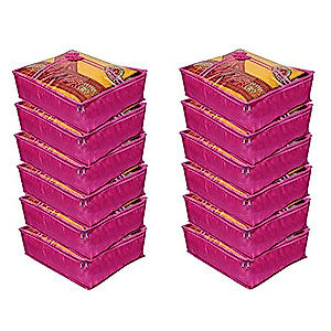 atorakushon 12 Piece Fabric Satin Saree Cover Clothes Storage Bags Set With Transparent Window Extra Large Wardrobe Garments Organizers (Purple)