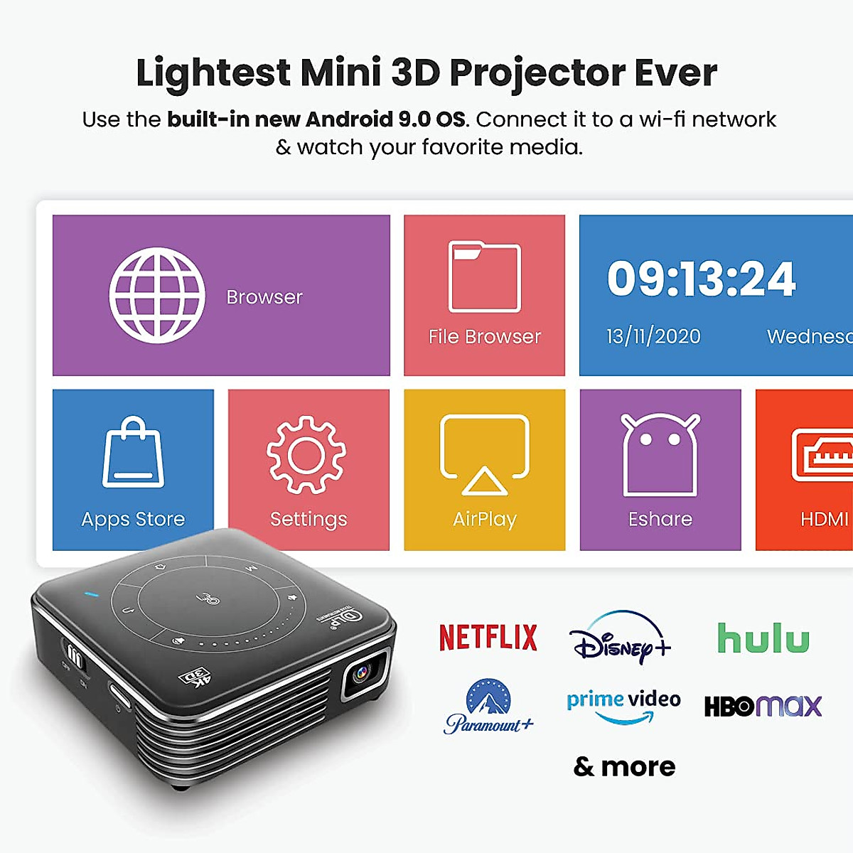 Sentrym L1 Ultra Mini 3D Portable Projector, Android 9.0, Bluetooth 5.0, Dual Band Wi-Fi, 16GB, 2GB Ram, 2 Hour Battery Life, Touch Navigation, Auto Keystone, 0.4lb (Free Tripod Stand Included!)