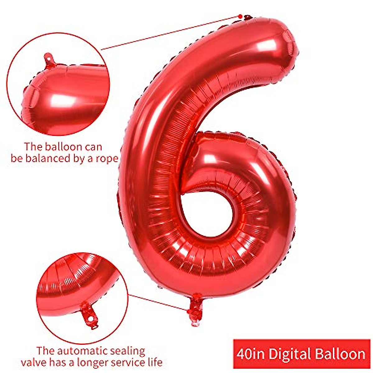 TONIFUL 40 Inch Red Large Numbers Balloons 0-9, Number 6 Digit 6 Helium Balloons, Foil Mylar Big Number Balloons for Birthday Party Anniversary Supplies Decorations