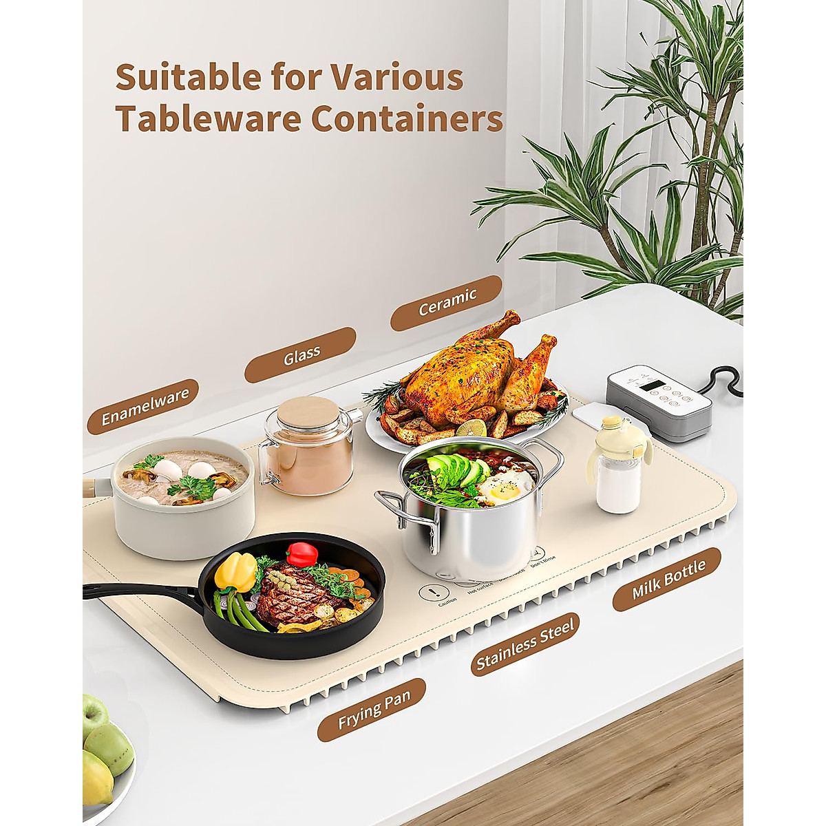 Food Warming Mat - Electric Warming Tray Full Surface Heating with Detachable Plug, Adjustable Temperature and 12 Hours Timer, Roll Up Food Warmers for Parties Buffet, Gathering, Holiday(Beige)