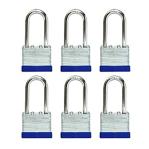 LanuBe Laminated keyed Padlock (1-9/16", 40mm), keyed Alike Locks, Long Shackle,Marked Blue Plastic Hoop, Pack of 6…