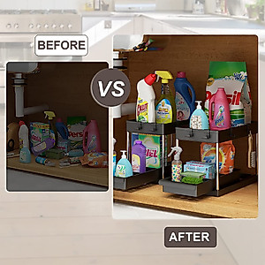 QualiapeX 2-Tier Under Sink Organizer, Kitchen Organization, Cabinet Storage Drawer Organizer with Hooks, Dividers, Handles, Bathroom Organizer, Easy-Grip & Hold-Out Sliding Drawer (Black 1 Pack)