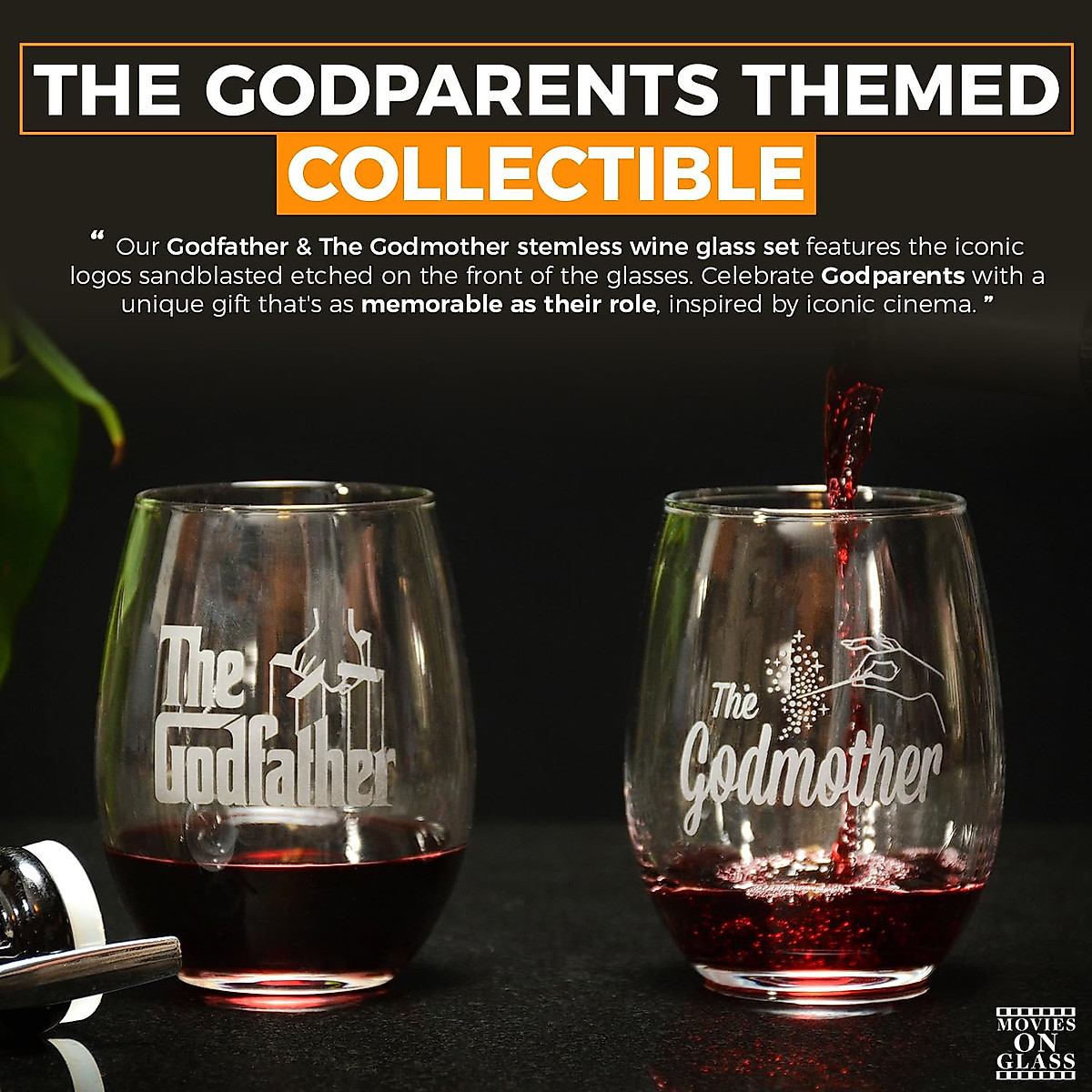 The Godfather & Godmother Etched Stemless Wine Glass Set - Premium Quality Licensed, Handcrafted Glassware - A Perfect Collectible Gift for Godparents, Movie Lovers & Special Occasions