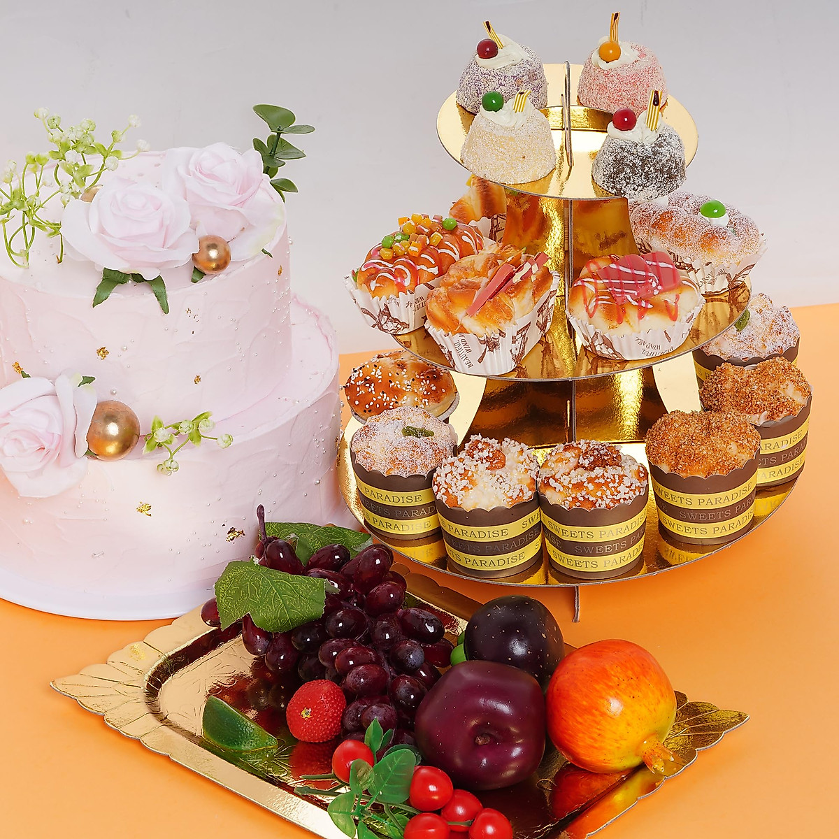 Rbenxia 7 Pieces Cake Stand Set 3-Tier Round Cardboard Cupcake Tower with Rectangle Serving Tray 1-Tier Round Cake Stand Dessert Holders for Birthday Party Wedding Bridal Shower (Gold)