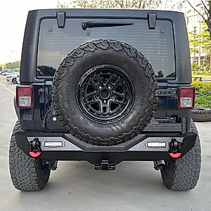 TIOYAR Rear Bumper Off-Road Compatible with 2007-2017 Jeep Wrangler JK & JKU w/Tire Carrier Linkage & LED Lights