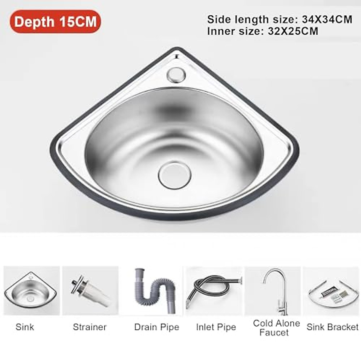 WBRSybUS Wall Mount Bathroom Corner Sink,304 Stainless Steel Triangle Kitchen Washbasin Single Sink,with Drainer Unit and Tap, Sink Edge Protector Basin,34x34cm-depth15cm,Cold Alone, Coldalone