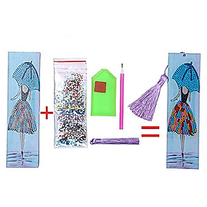 Diamond Painting Bookmarks Kits Balley Girl in Rain Umbrella Tassel Bookmark Art Craft 5D Special Shaped Crystal Rhinestones Bookmark for Kids Adults Beginner Students Gift (21x6cm)