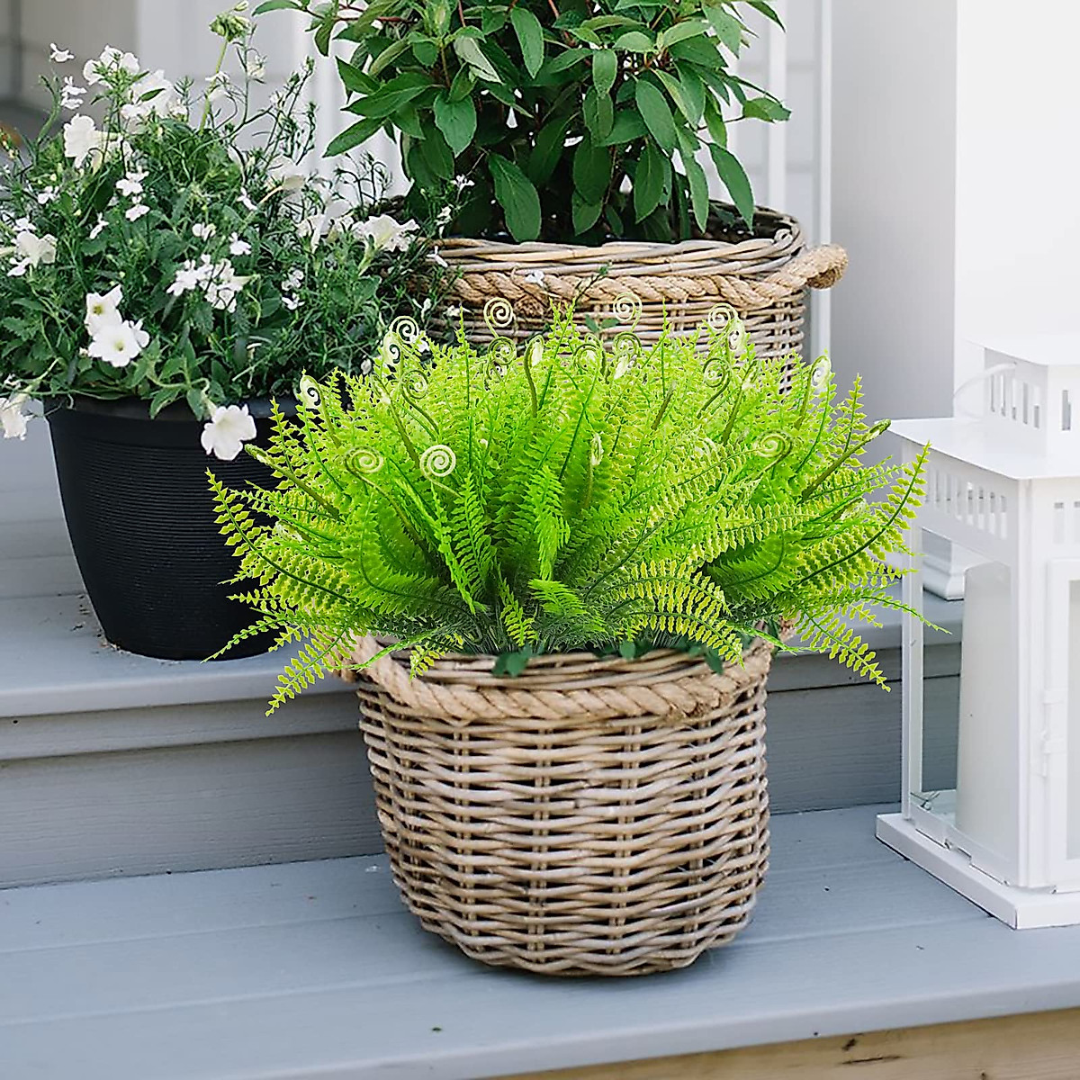 Uieke 6 PCS Artificial Plants Greenery, Fake Boston Fern Plants Bushes Faux Outdoor UV Resistant Daffodils Greenery Shrubs Plastic Plants for Indoor Outside Hanging Planter Home Garden Decor (Green)