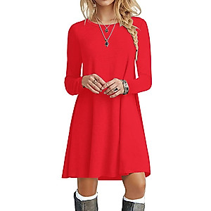 POPYOUNG Spring Dresses for Women 2023 Long Sleeve T Shirt Dresses Casual Swing Dress M, Red