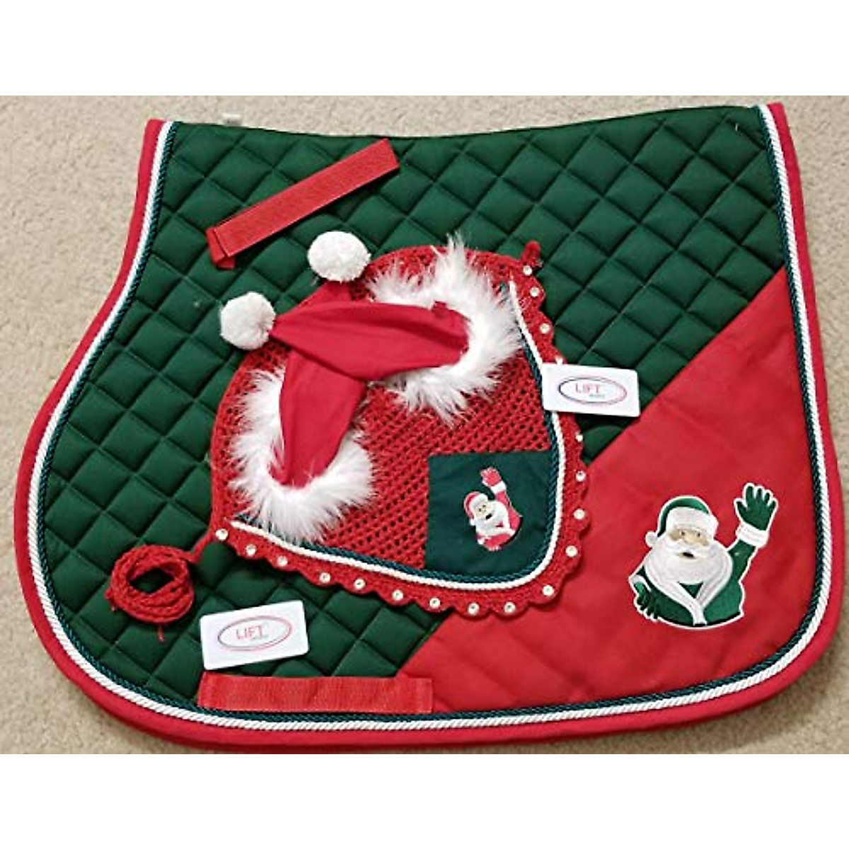 Lift Sports Horse Christmas Santa Claus Saddle PAD Set with Matching Fly Bonnet Ear NET Cotton Hand Made Crochet Fly Veil Hood MASK Equestrian Shows Breathable Cotton (Full/Horse)
