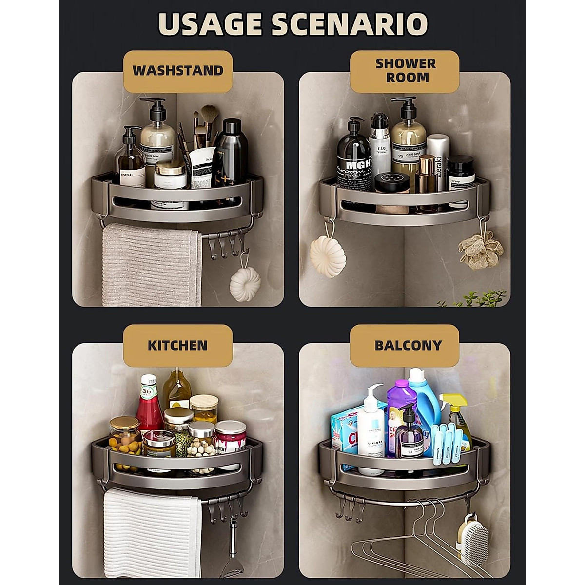 YWHWXB Shower Corner Shelf No Drilling,Bathroom Shower Corner Organizer Shelf, Wall Mounted Adhesive Storage Caddy for Bathroom, Kitchen (Grey-2pcs)