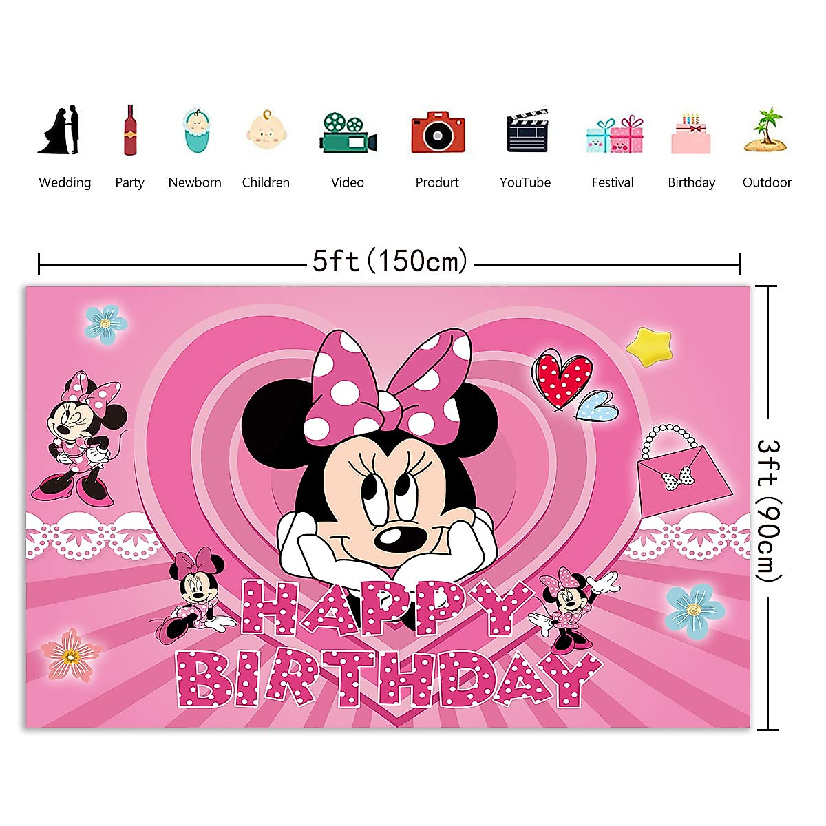 5x3ft Pink Mouse Party Supplies Photography Backdrop Princess Girls Birthday Background 1st 2nd 3rd Decoration for Kids Baby Shower Banner Photo Studio Props